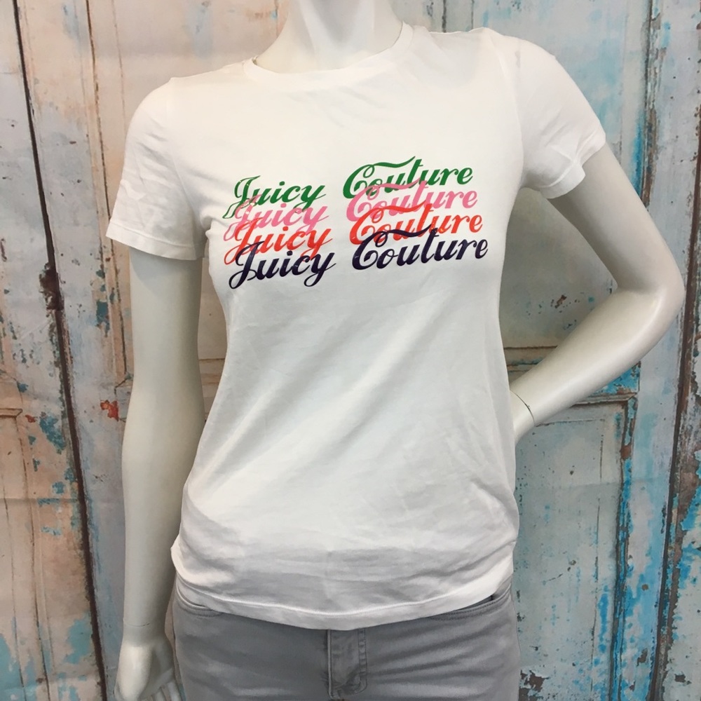Juicy Couture White Rainbow Cursive Logo T Shirt - Gem